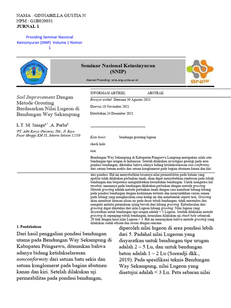 G1B020031 Ginnabilla Gustia Nugraha Tugas Rangkuman Jurnal MK Perbaikan Tanah | PDF