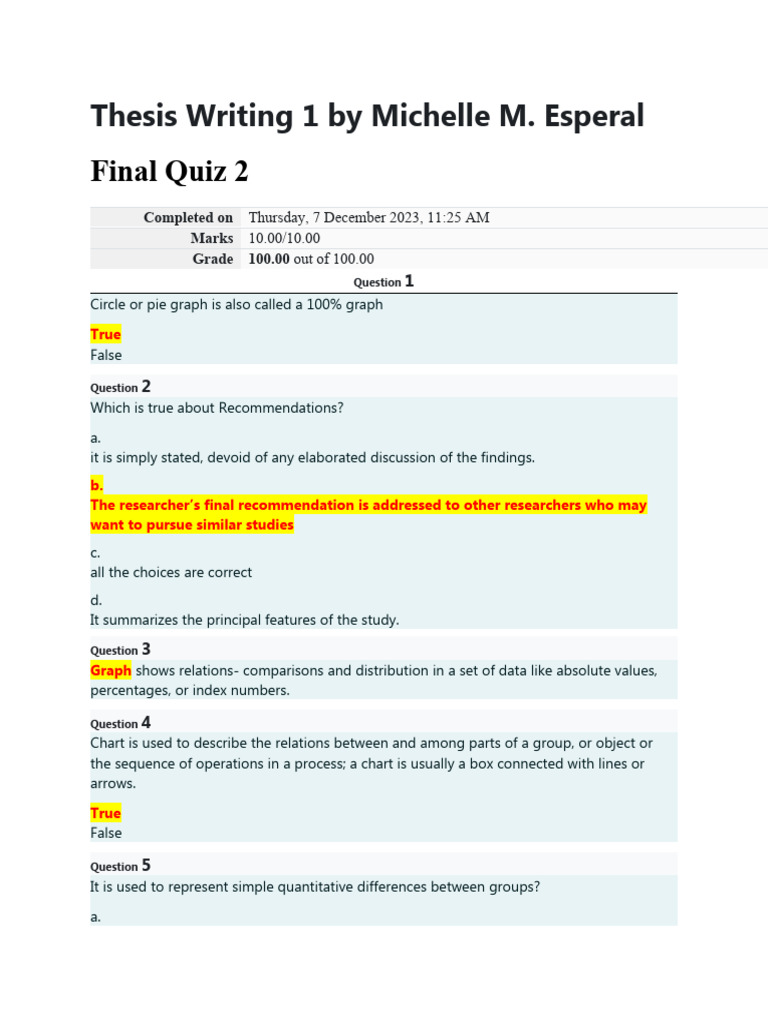 Thesis Writing Quiz Insights | PDF