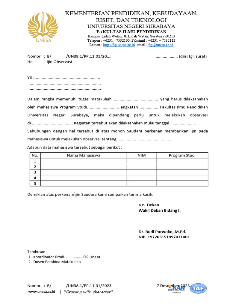 Form Surat Izin Observasi | PDF