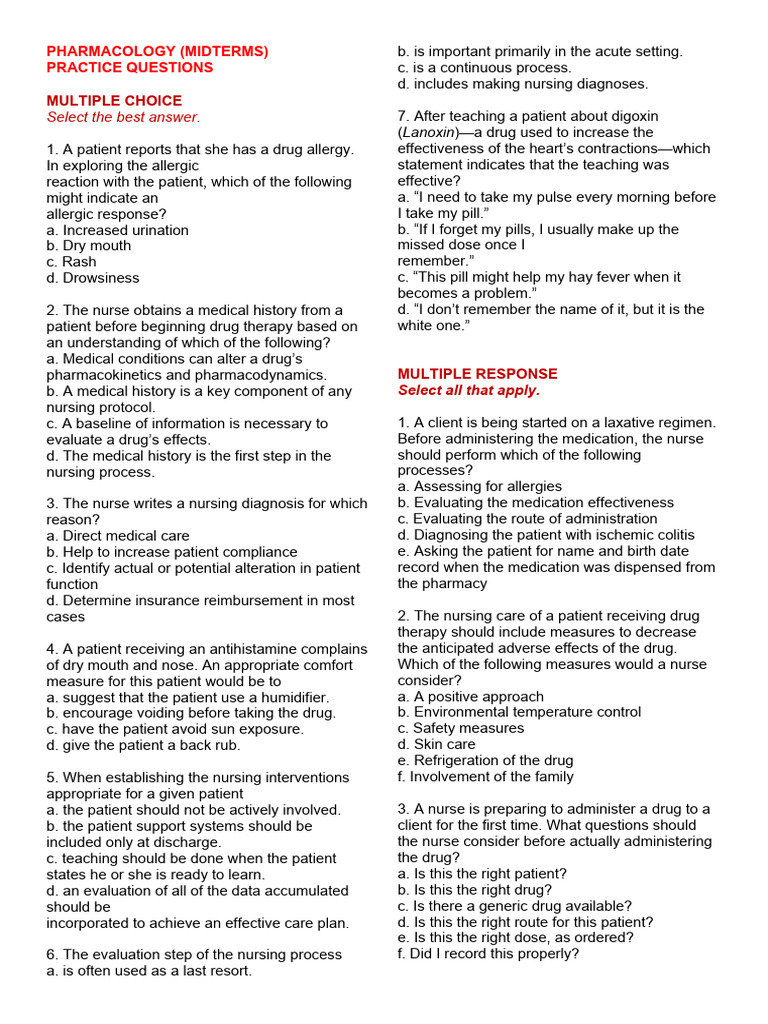 Pharmacology Midterm Practice Questions | PDF | Infection ...
