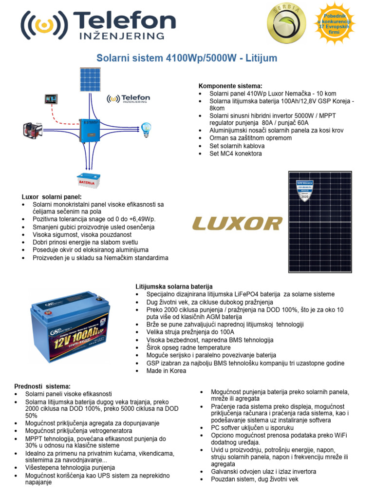Solarni sistem 4100Wp-5000W Litijum 2023 | PDF