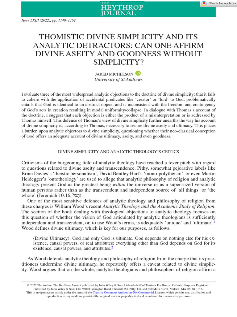 The Heythrop Journal - 2022 - Michelson - Thomistic Divine Simplicity ...
