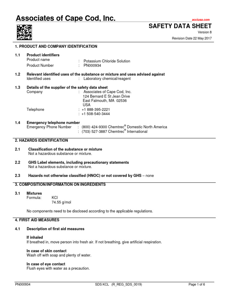 Potassium Chloride Solution 1.2M | PDF | Dangerous Goods | Toxicity