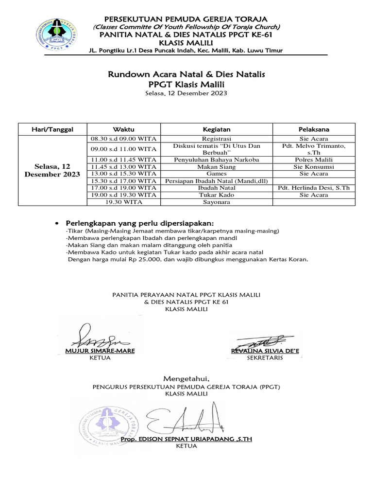 Rundown Acara Natal PPGT Malili 2023 | PDF