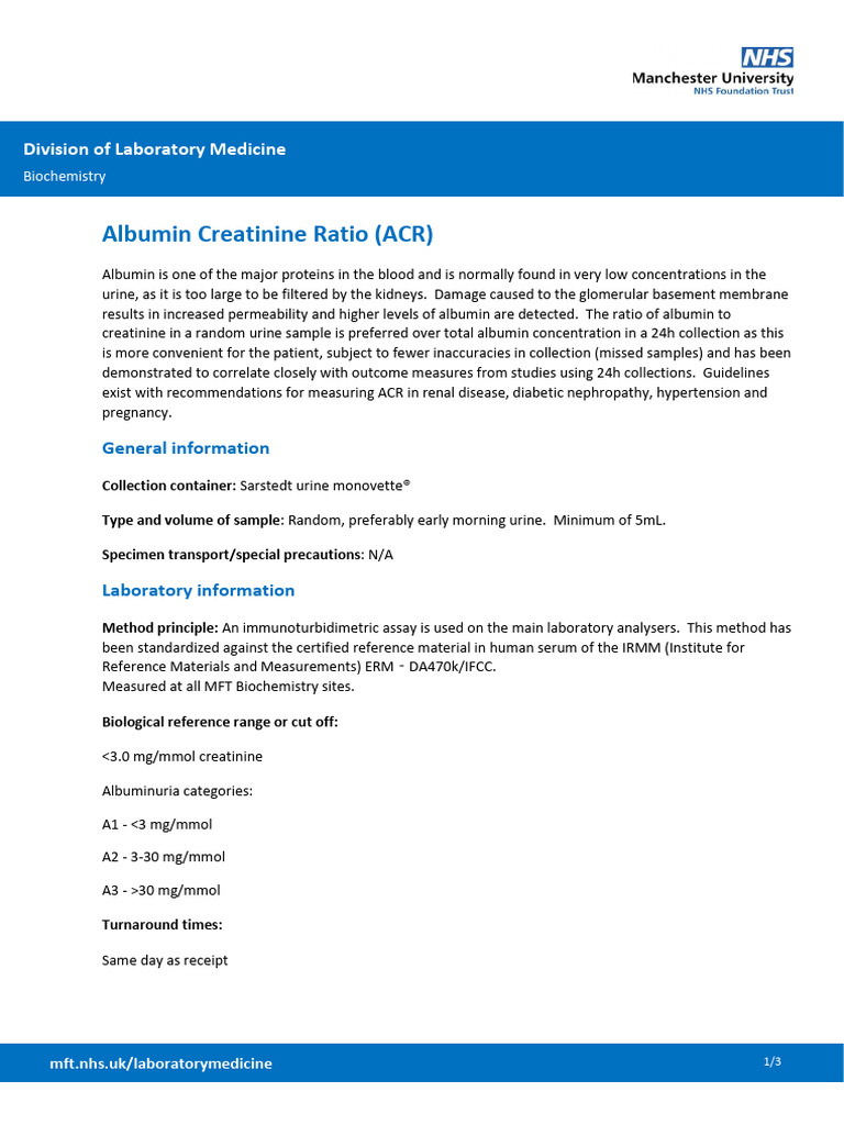 Albumin Creatinine Ratio ACR 1 | PDF | Chronic Kidney Disease | Creatinine