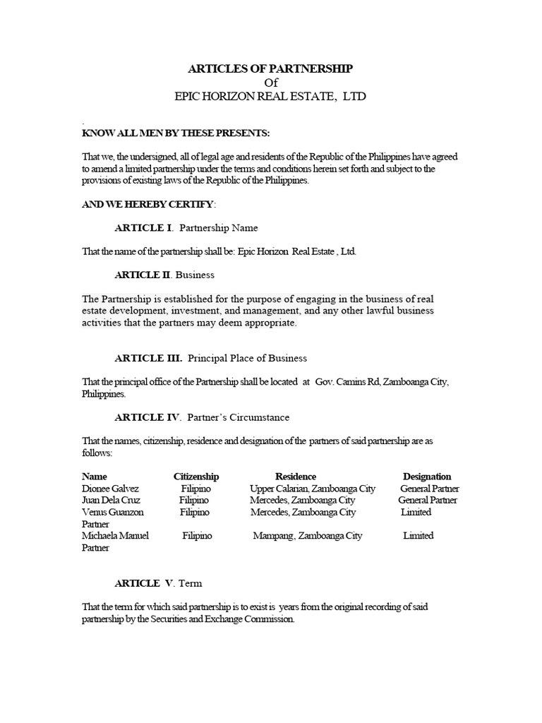 ARTICLES-OF-PARTNERSHIP | PDF | Limited Partnership | Partnership
