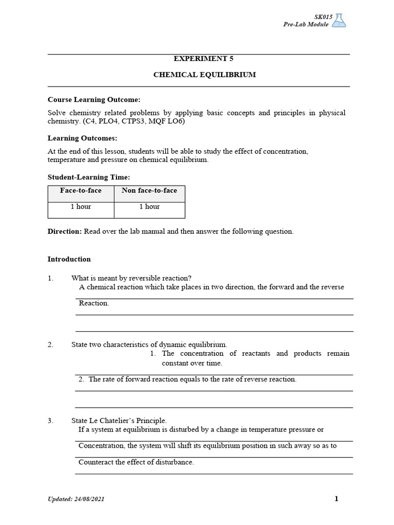 Exp5 Prelab | PDF | Chemical Equilibrium | Chemical Reactions