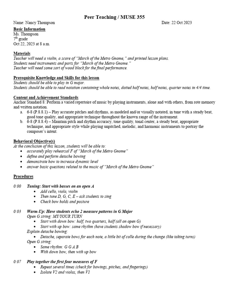 7th Grade Violin Lesson Plan: Metro Gnome | PDF | Violin | Cello
