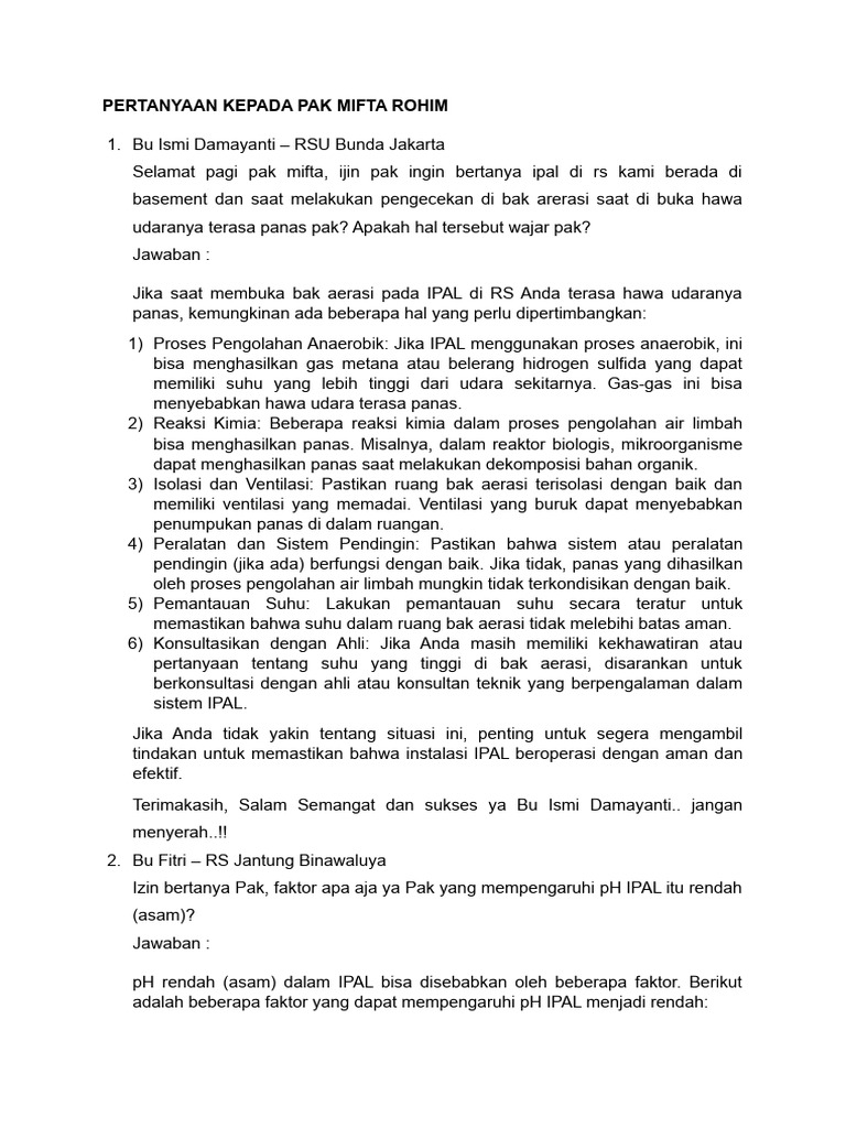 Pertanyaan & Jawaban Kepada Pak Mifta Rohim Air Limbah | PDF