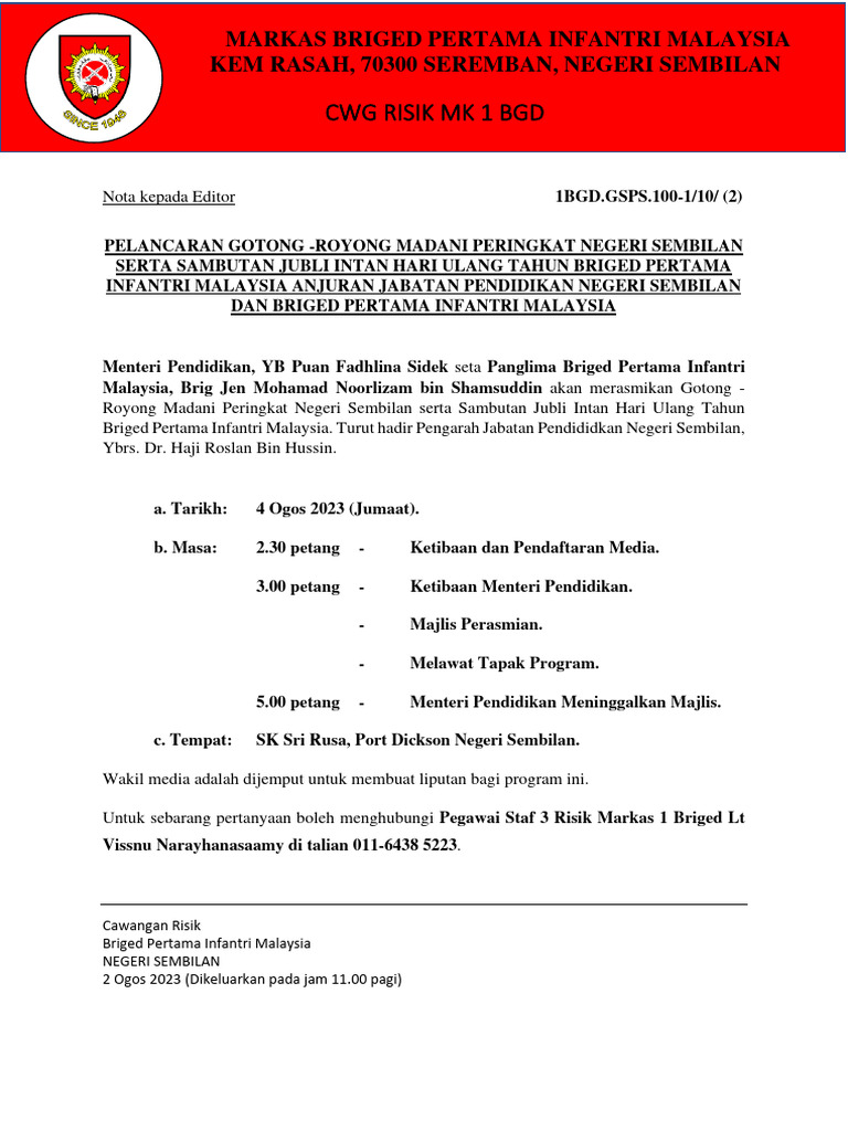 Ne 1&2 Hut 1 BGD Gotong Royong & Parade | PDF
