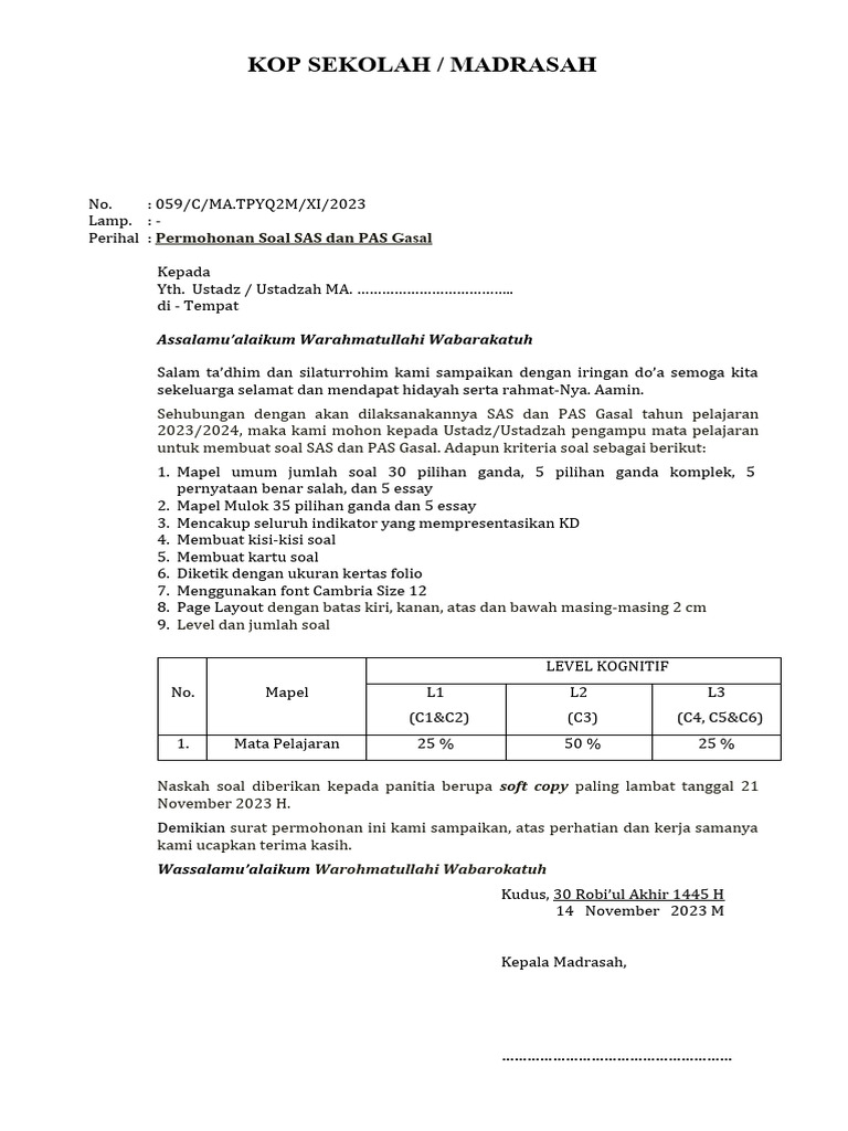 Contoh Surat Permohonan Soal Sas Dan Pas | PDF