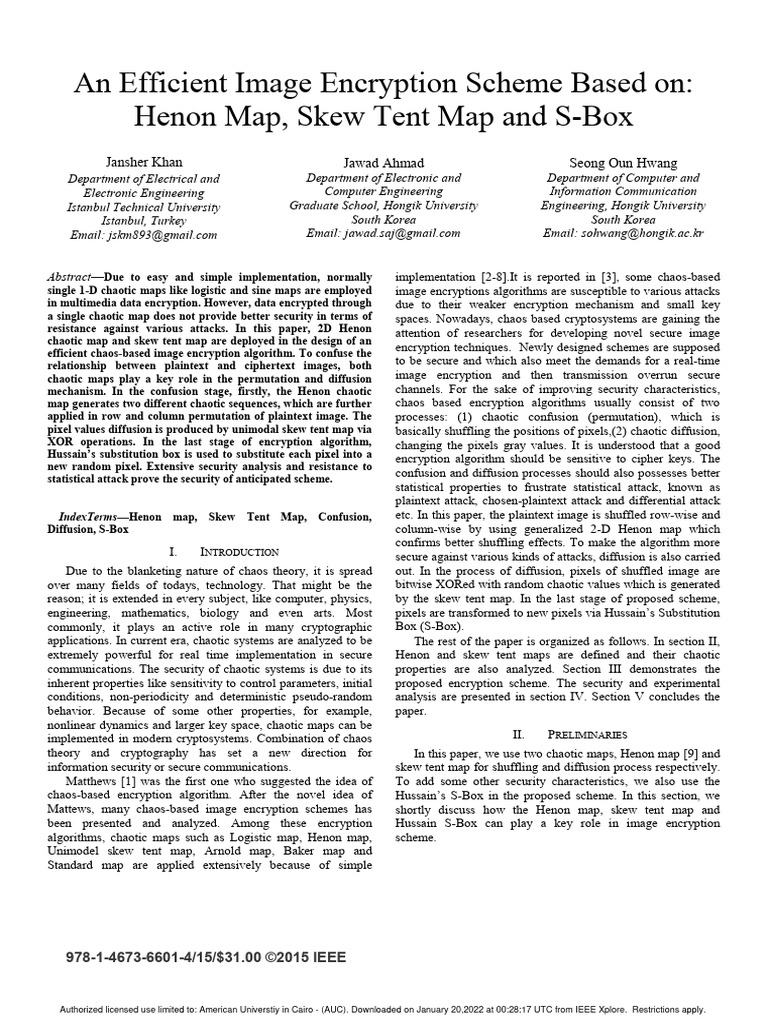 Metrics An Efficient Image Encryption Scheme Based On Henon Map Skew Tent Map and S-Box | PDF ...