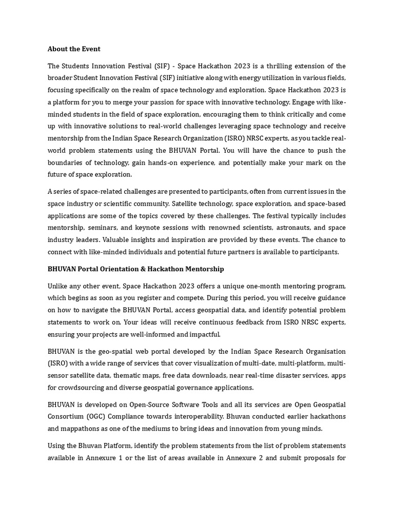 Students Innovation Festival Space Hackathon Pdf Mentorship