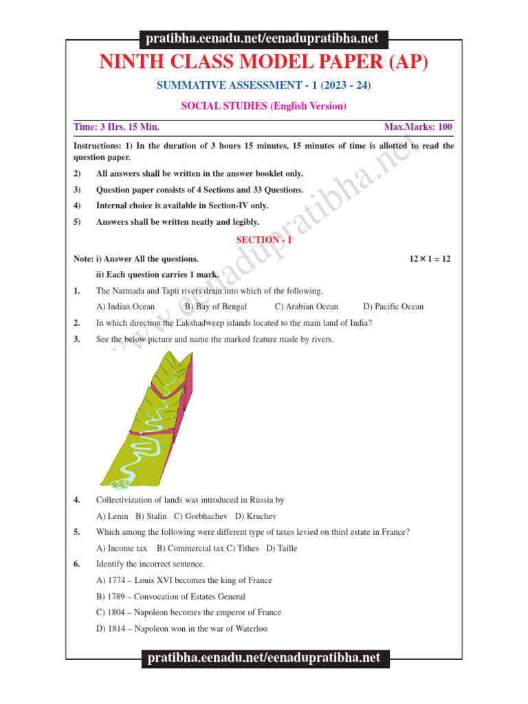 9th Class SA1 Social Studies Model Paper | PDF | French Revolution ...