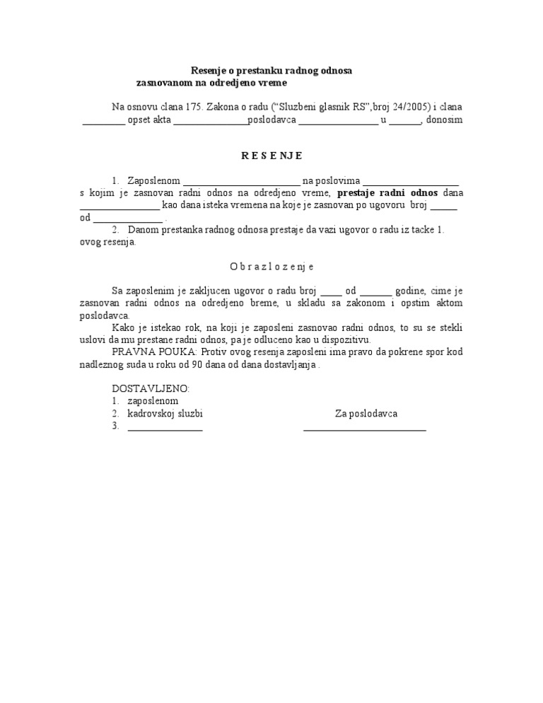 Resenje o Prestanku Radnog Odnosa Zasnovanom Na Odredjeno Vreme