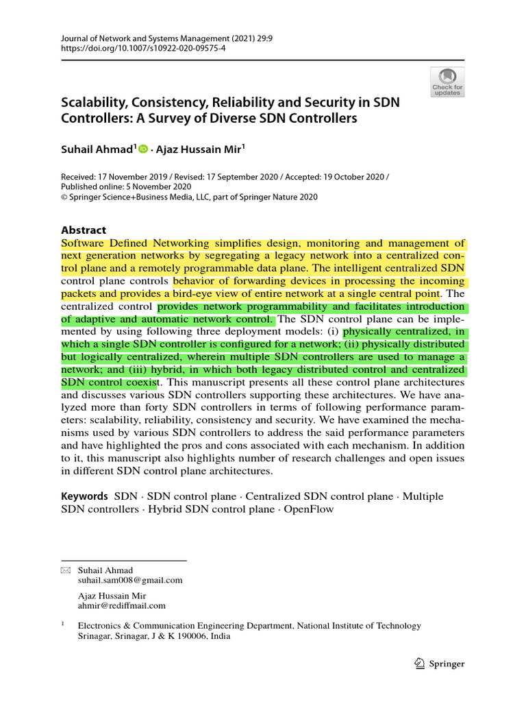 Scalability, Consistency, Reliability and Security in SDN Controllers: A Survey of Diverse SDN ...