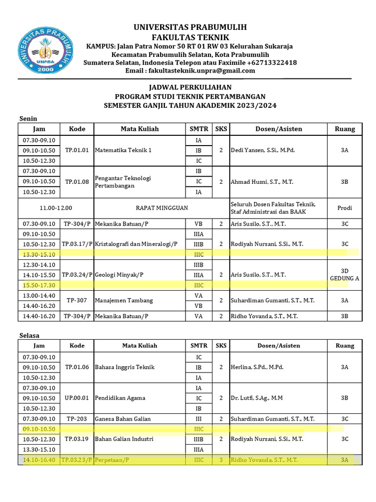 Revisi 3 Jadwal Perkuliahan Prodi Teknik Pertambangan Semester Ganjil Tahun Akademik 2023 2024 ...