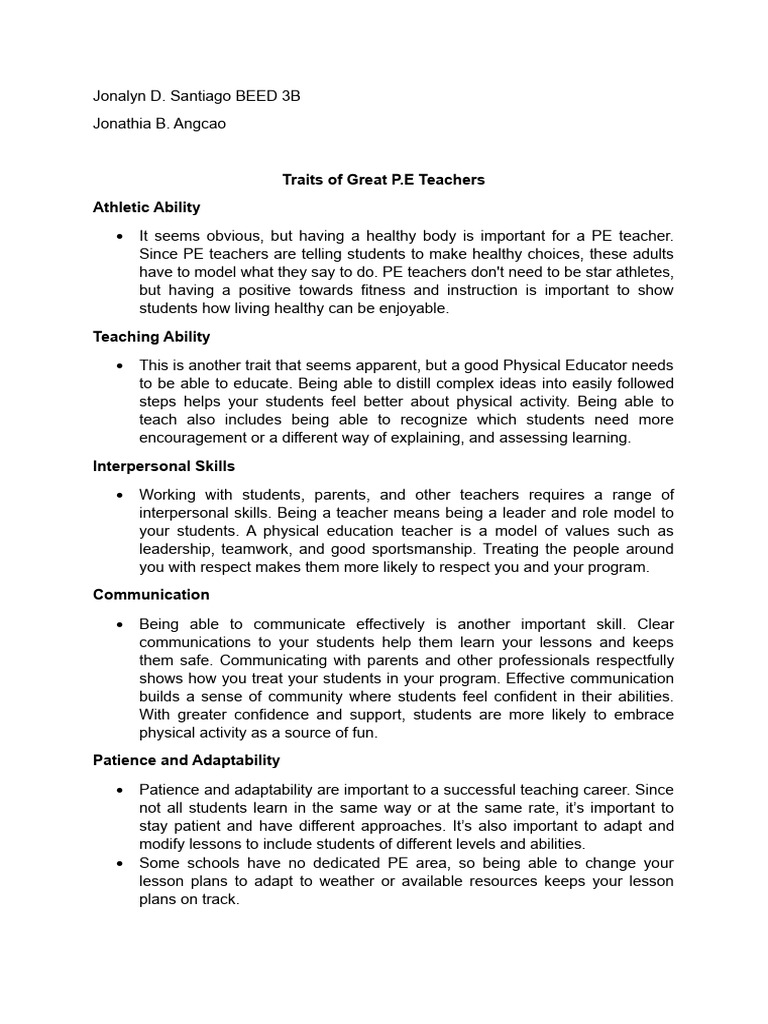 Traits of Great P.E Teachers | PDF | Physical Education | Teachers