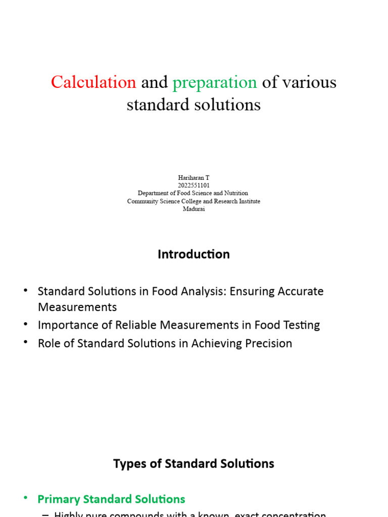 Calculation and Preparation of Various Standard Solutions | PDF