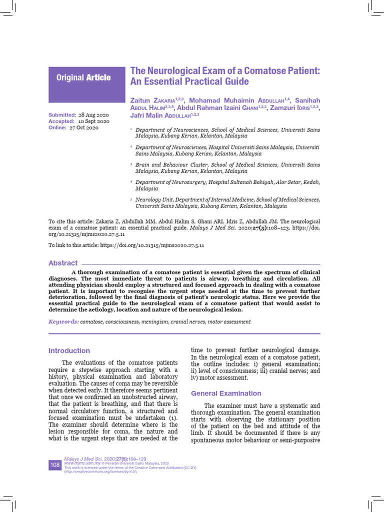 The Neurological Exam of A Comatose Pati | PDF | Anatomical Terms Of ...
