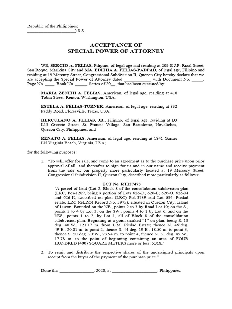 Acceptance of Special Power of Attorney | PDF