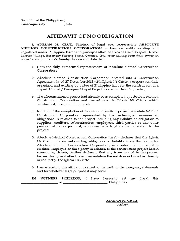 Affidavit of No Obligation for Construction | PDF | Affidavit | Business