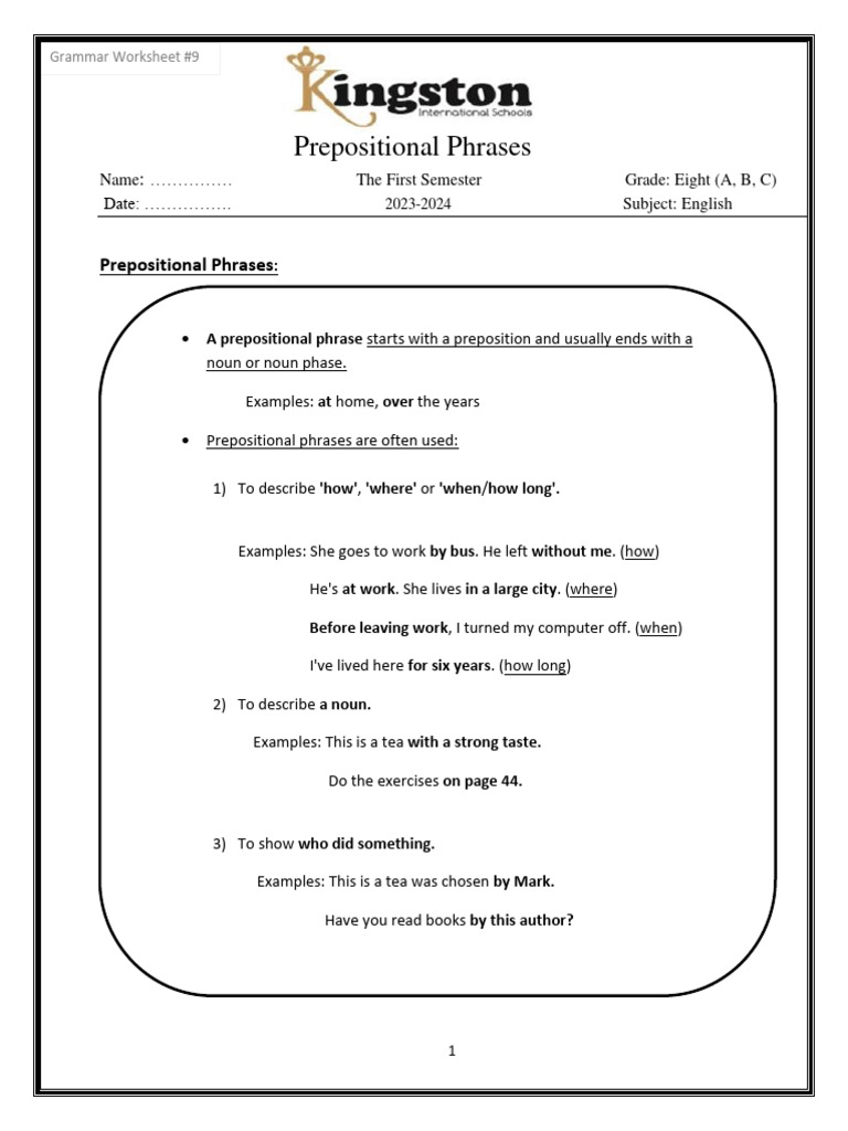 Prepositional Phrases | PDF | Preposition And Postposition | Phrase