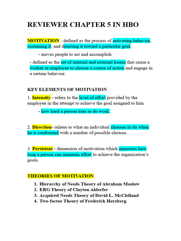 Chapter 5 Reviewer Hbo | PDF | Motivational | Motivation