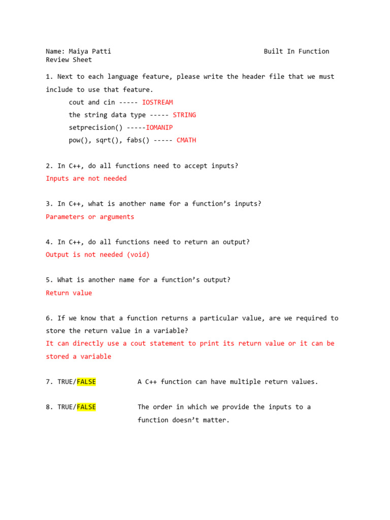 Built in Function Review Sheet | PDF | Parameter (Computer Programming) | Control Flow