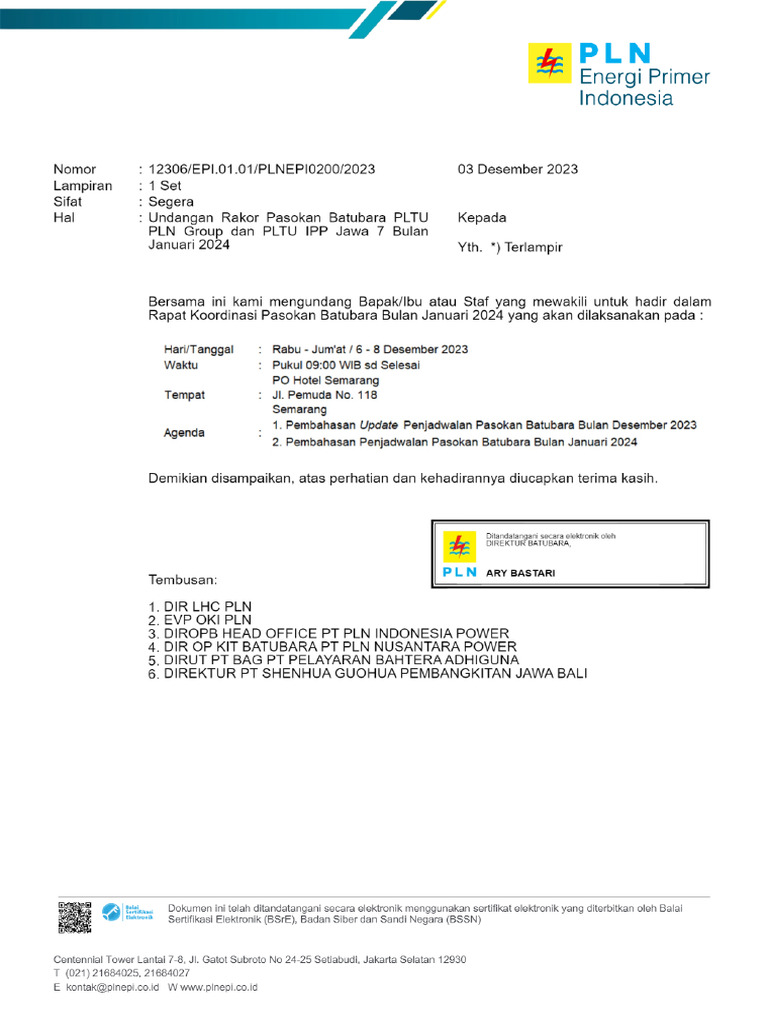 Undangan Rakor Pasokan Batubara PLTU PLN Group Dan PLTU IPP Jawa 7 ...