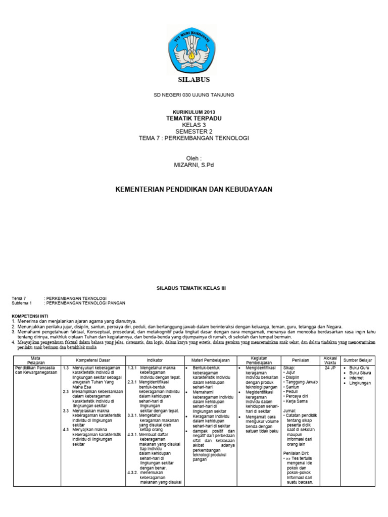 Silabus Kelas 3 Tema 7 ( datadikdasmen.com) | PDF