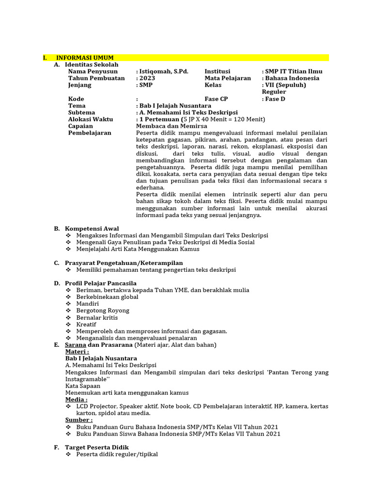 Modul Ajar Minggu Ke 1 Subb A | PDF