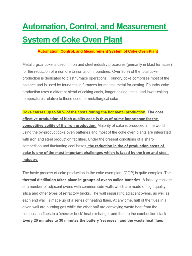 Metallurgical Coke Oven Operation - Automation Aspects | PDF | Coke ...