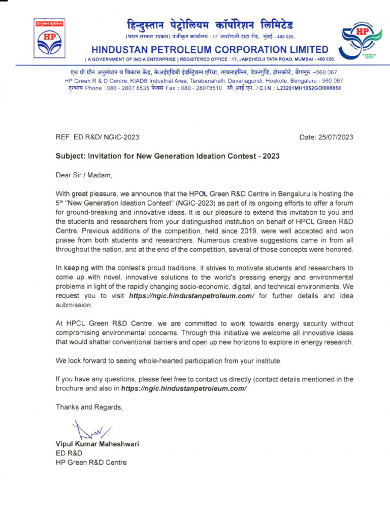Invitation Letter NGIC-2023 - HPCL RD - v2 | PDF