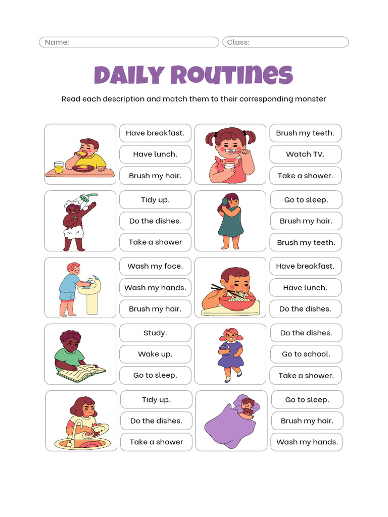 Daily Routines Worksheet in Purple White Illustrative Style | PDF