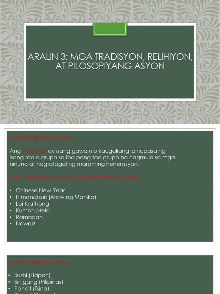 Lesson 3-Mga Tradisyon, Relihiyon, at Pilosopiyang Asyano | PDF