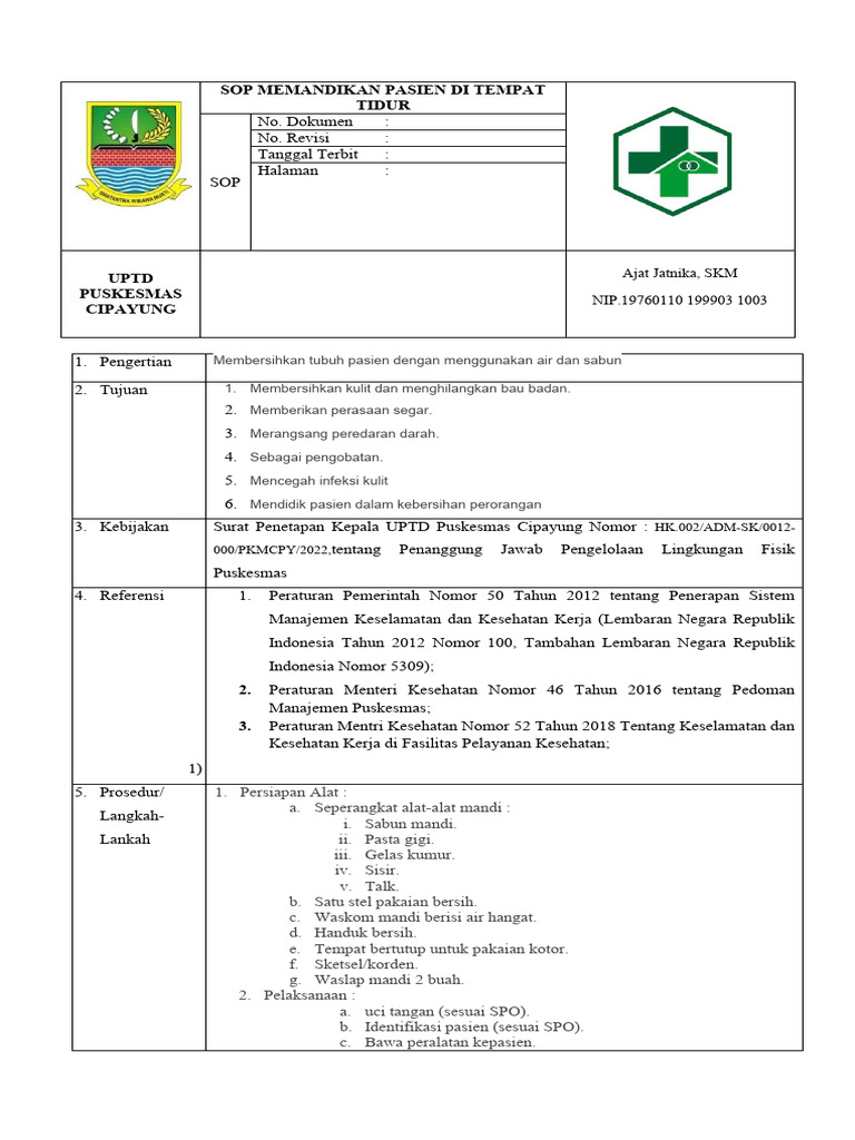 Sop Memandikan Pasien Di Tempat Tidur Revisi | PDF