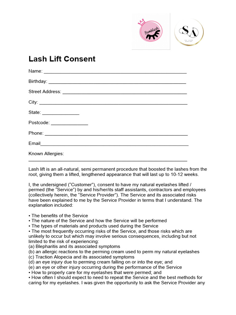 Lash Lift Consent Form Template | PDF | Allergy