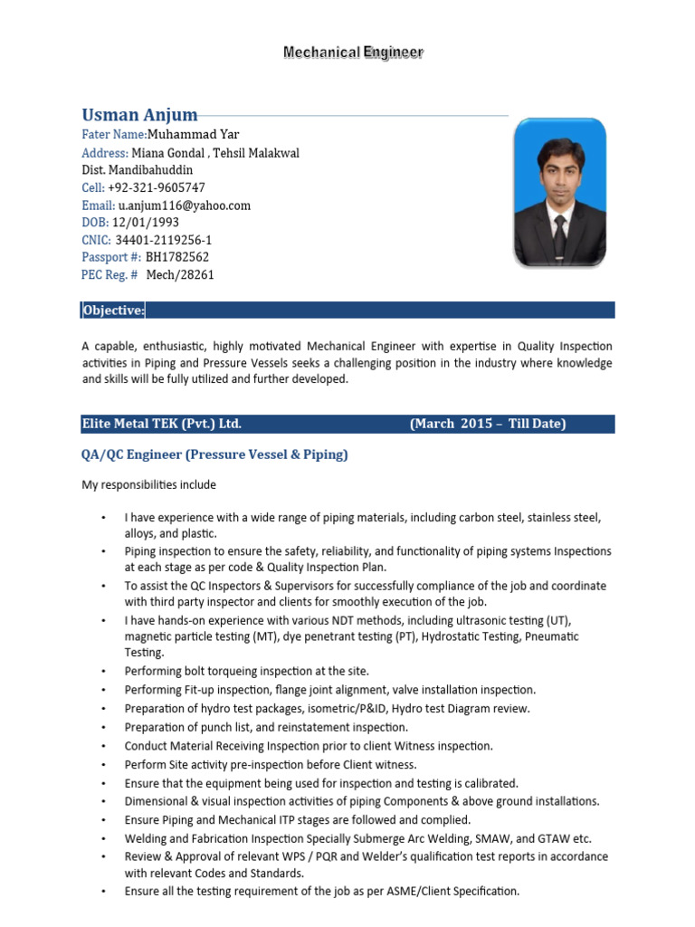 Usman CV Piping Inspector 11 | Download Free PDF | Pipe (Fluid ...