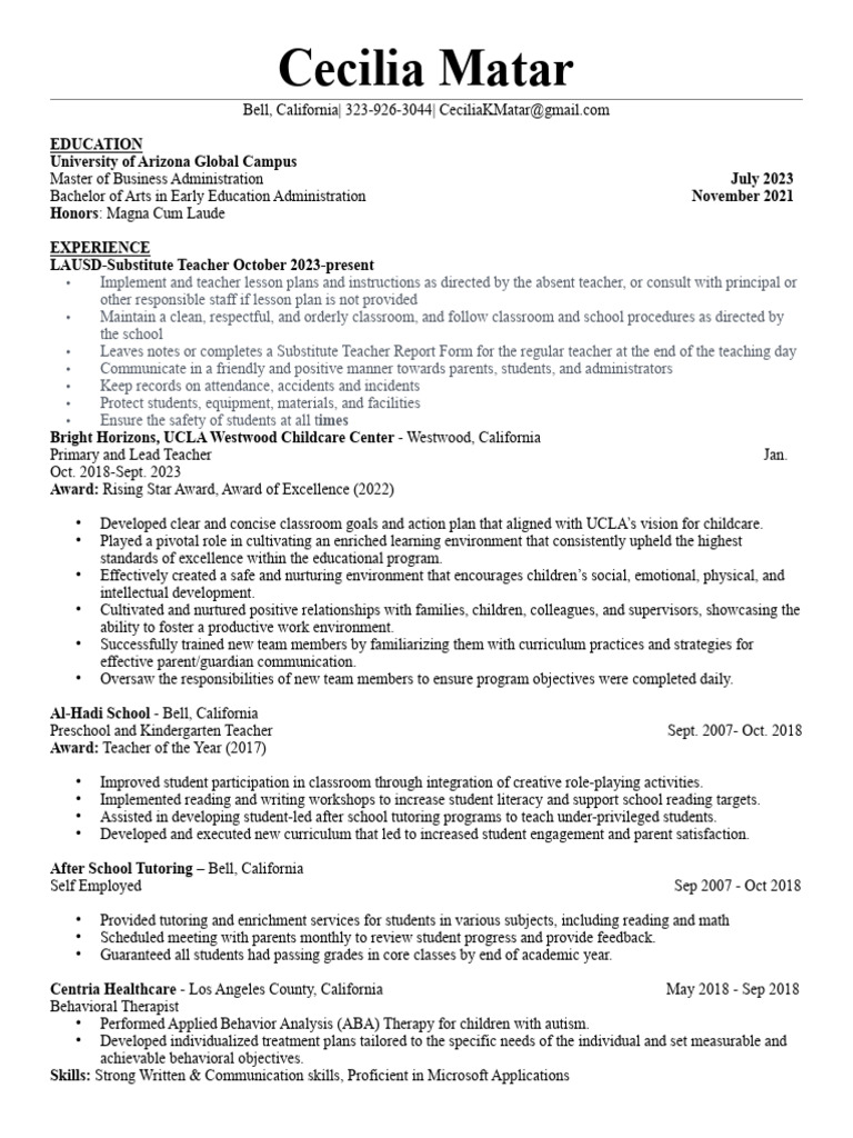 Cecilia Matar Finalized Resume - Edited 3 | PDF | Art | Wellness