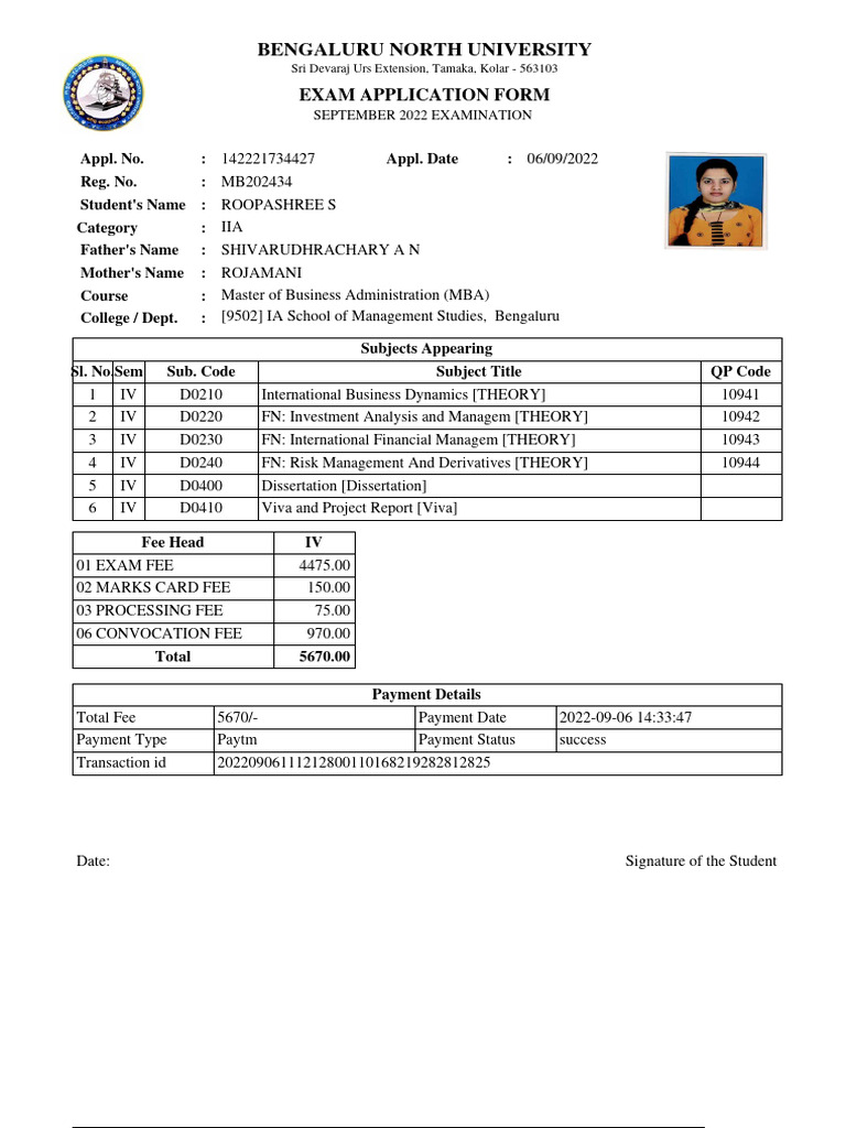 Bengaluru North University: Exam Application Form | PDF | Business | Money