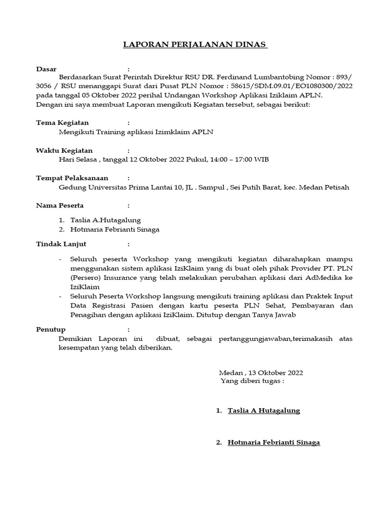 Laporan Perjalanan Dinas Workshop IziKlaim | PDF | Bisnis