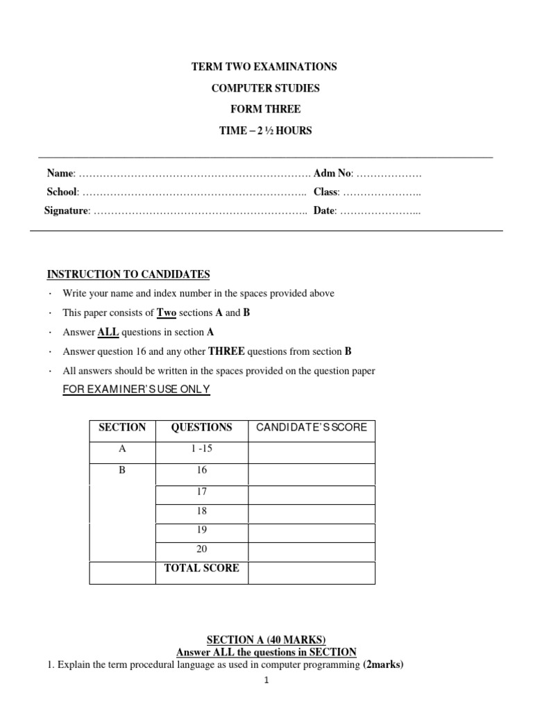 2023 COMPUTER STUDIES F3 QS T2 Exam Teacher - Co - .Ke | PDF ...