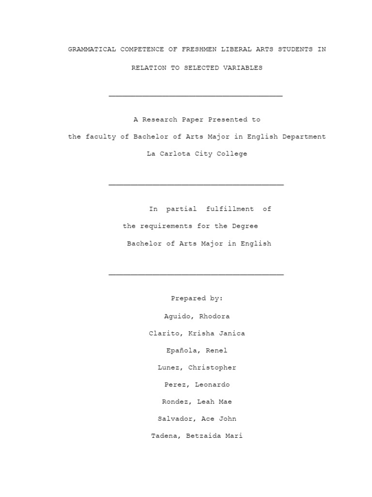 Grammatical Competence Of Junior Liberal Arts Students In Relation To