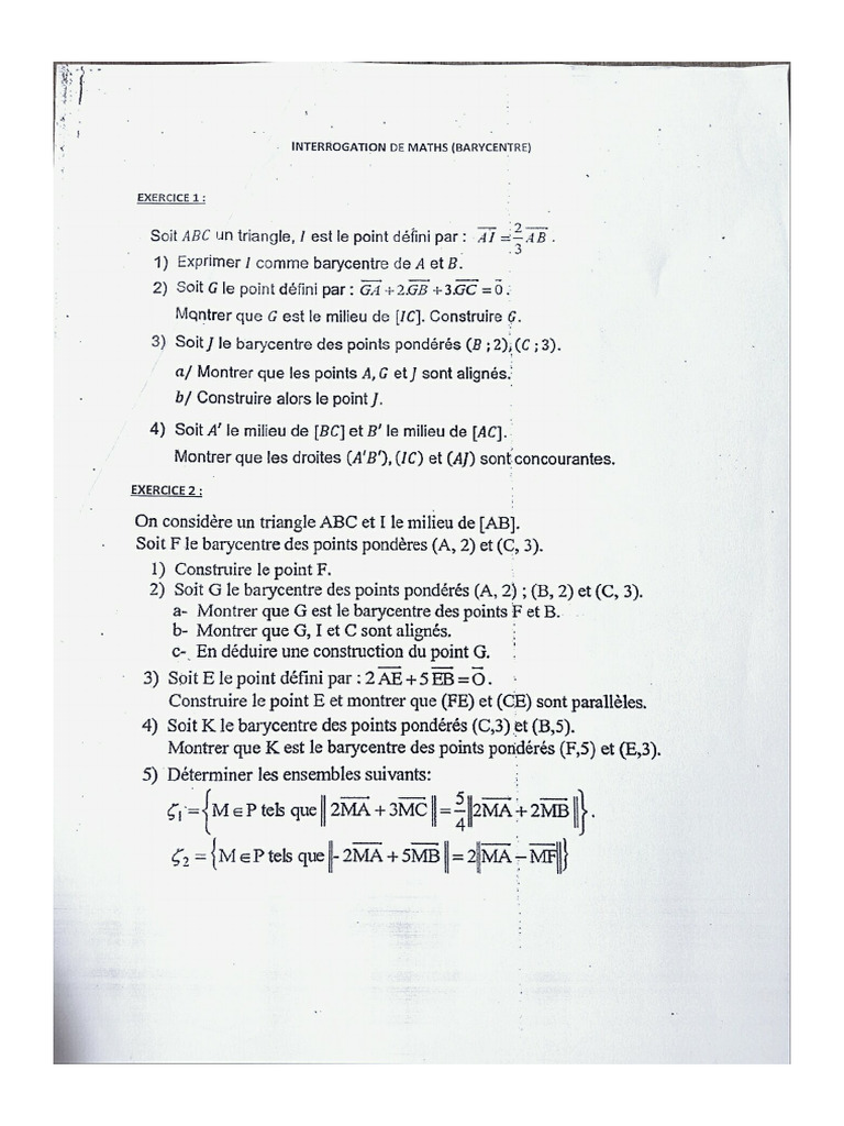 Interro Math Barycentre | PDF