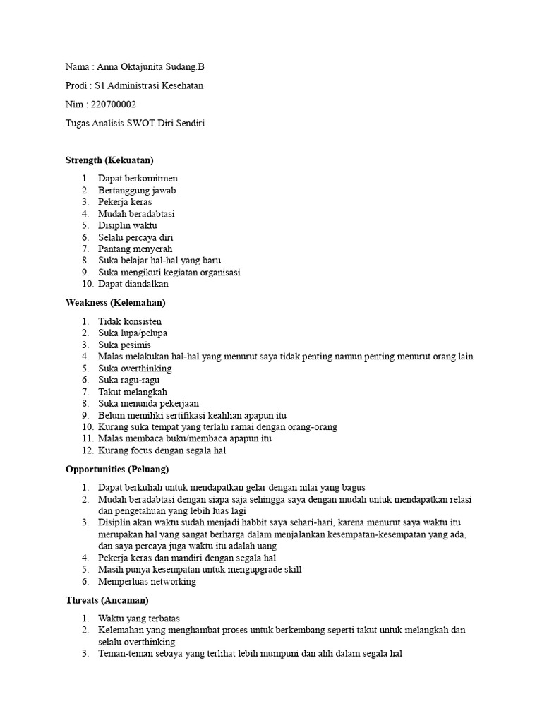 Tugas Analisis Swot Diri | PDF | Karier & Perkembangan | Pengembangan Diri