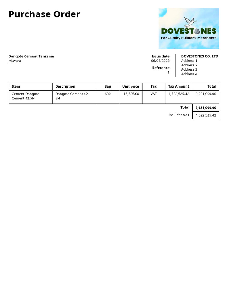 Purchase Order 1 - Dangote Cement Tanzania | PDF