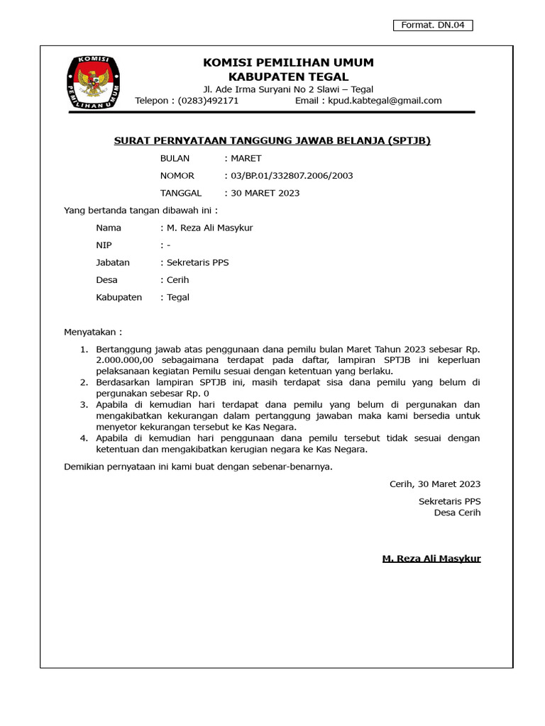 Surat Pernyataan Tanggung Jawab Belanja (SPTJB) | PDF