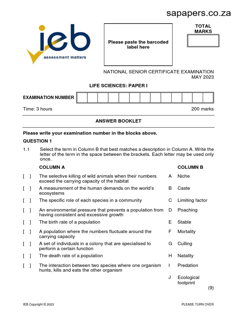 Life Sciences P1 Answer Booklet May 2023 | PDF