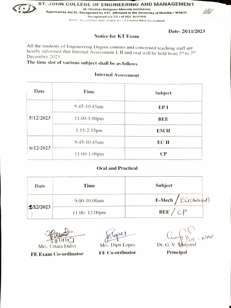 KT Exam Time Table A. Y. 2023-24 | PDF